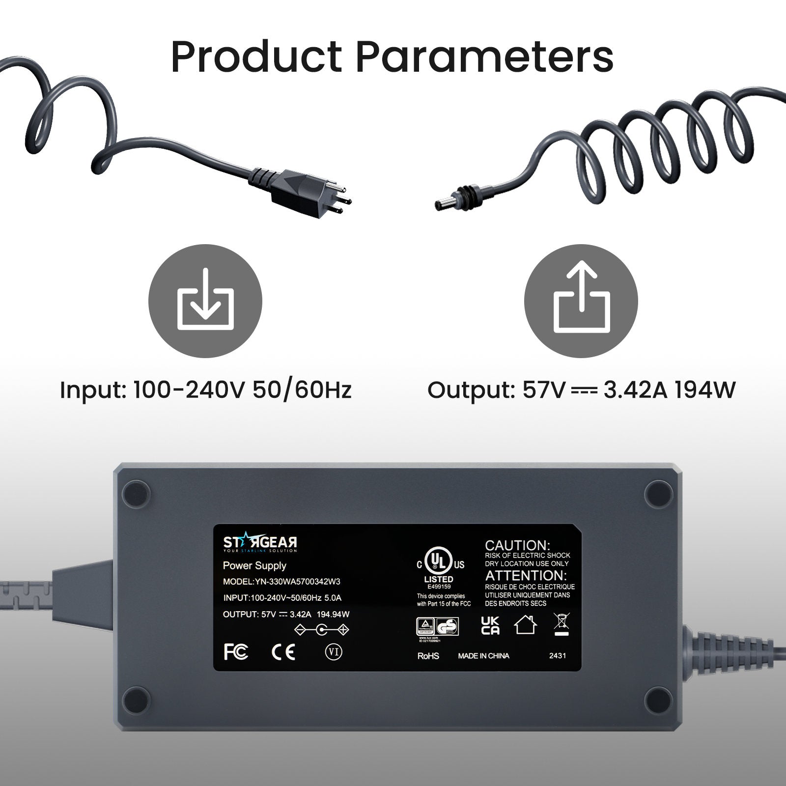 Starlink Gen 3 AC Power Adapter, 195W AC/DC Power Supply Adapter Power